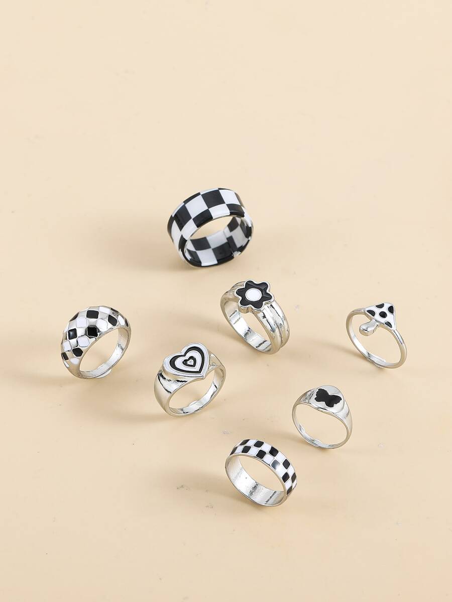 7pcs Heart & Checkered Pattern Ring Valentines,Mom,Mother,Mother's Day ...