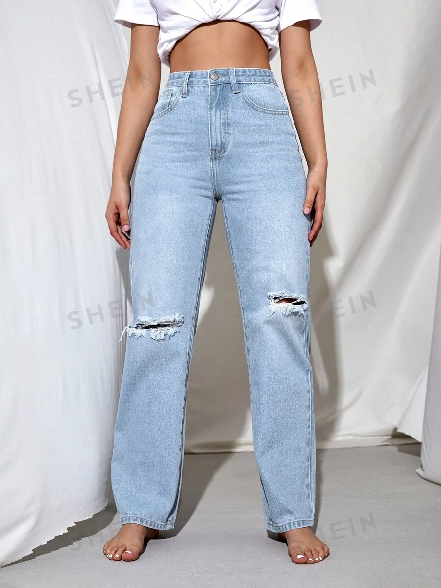 High Waist Light Washed Ripped Jeans | SHEIN UK