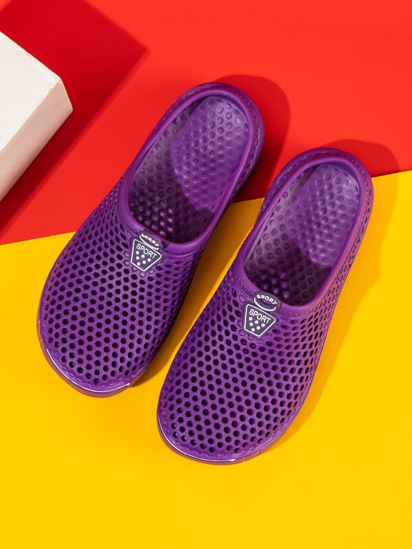 Women Letter Detail Hollow Design Clogs, Sporty Purple EVA Vent Clogs ...