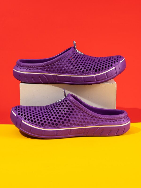Women Letter Detail Hollow Design Clogs, Sporty Purple EVA Vent Clogs ...