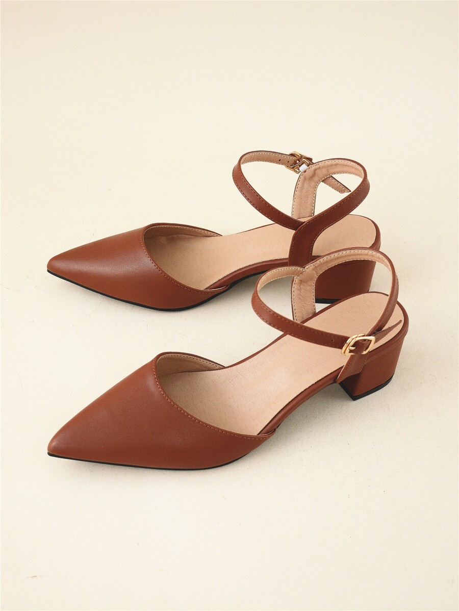Point Toe Chunky Heeled Ankle Strap Pumps, Rust Brown Elegant Ankle ...