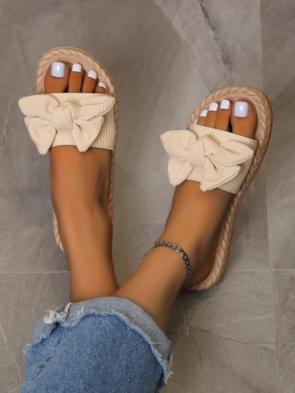 Vacation Beige Sandals For Women, Bow Decor Fabric Open Toe Slide ...