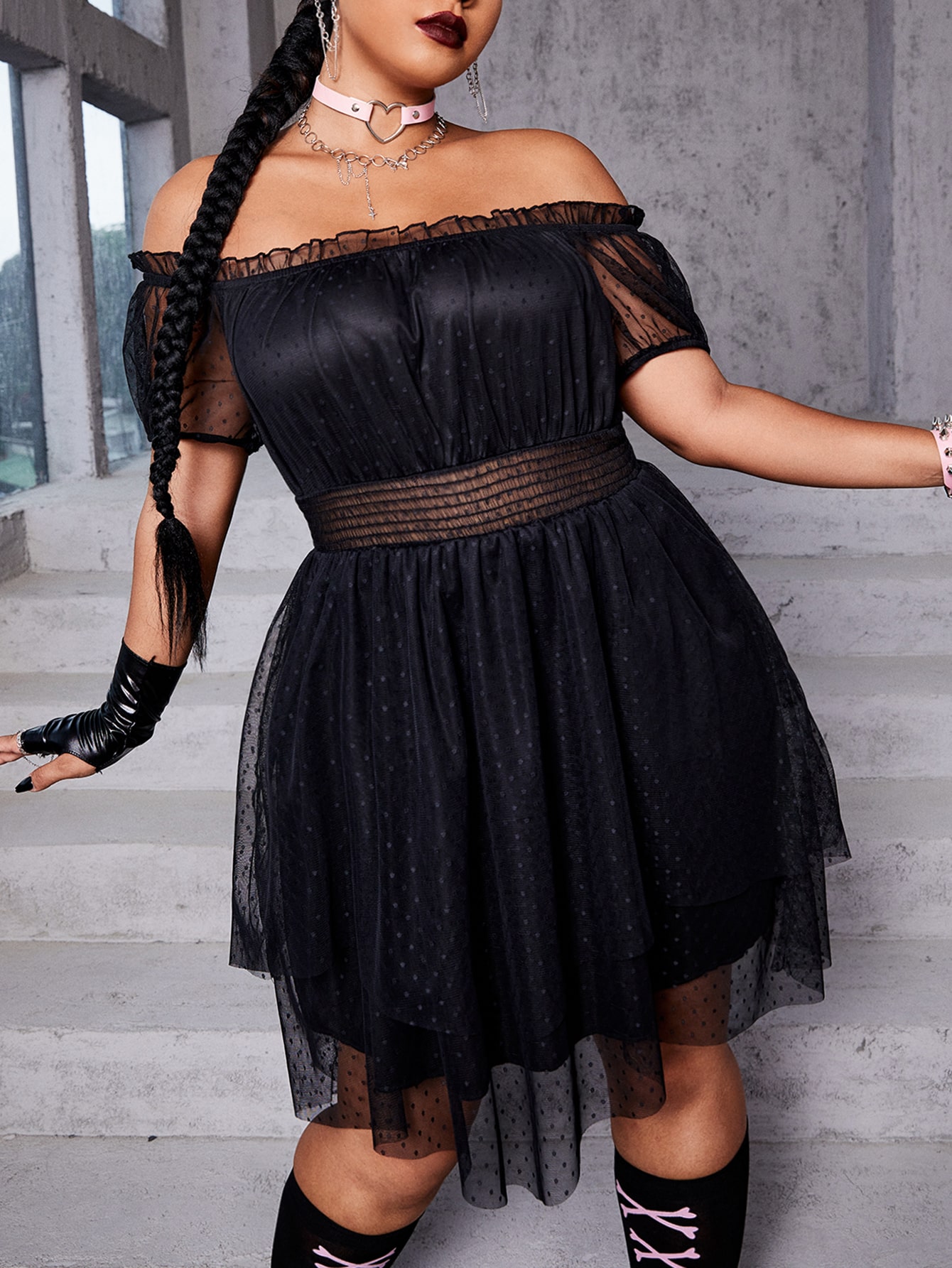 Plus Dobby Mesh Off Shoulder Puff Sleeve Shirred Waist Dress
