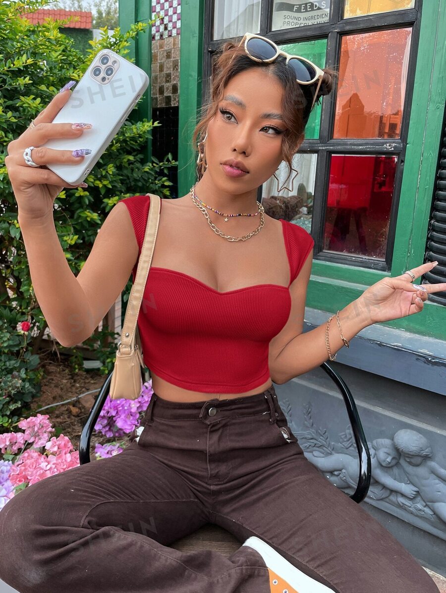 Shein Privé Camiseta Corta Escote Corazón Tejido De Canalé Mode De
