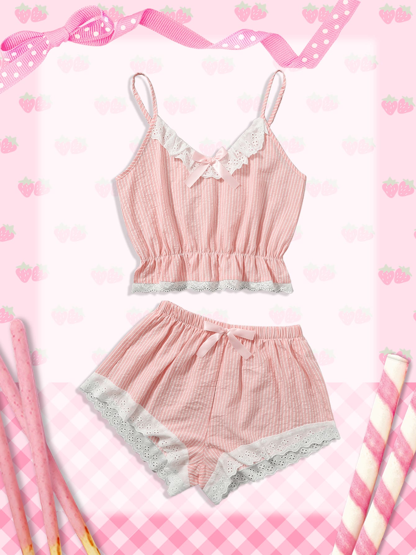 ROMWE Kawaii Striped Contrast Eyelet Embroidery PJ Set