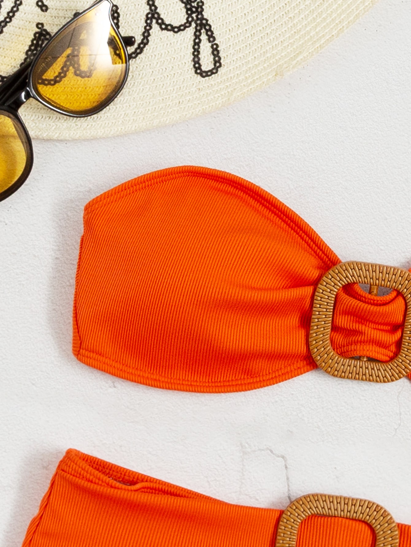 Buckled Detail Ribbed Tie Back Bandeau Bikini Top Shein Uk