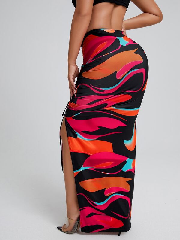 SHEIN SXY Graphic Print Drawstring Split Thigh Skirt | SHEIN USA