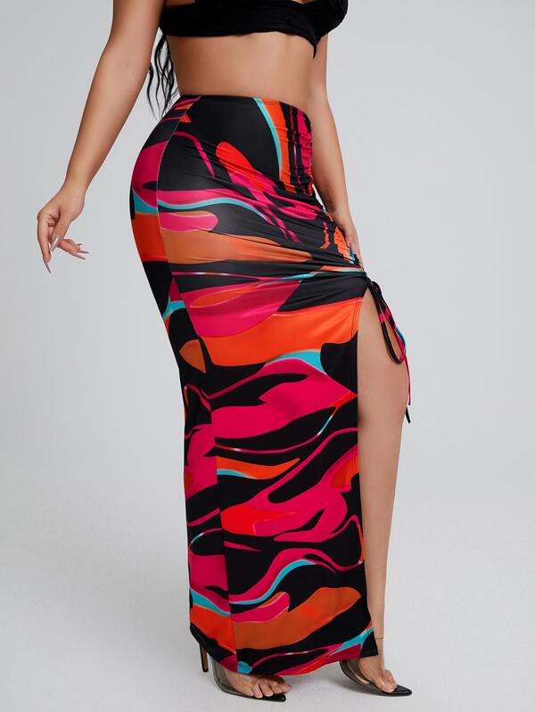 SHEIN SXY Graphic Print Drawstring Split Thigh Skirt | SHEIN USA