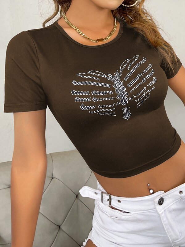 Rhinestone Skull Print Crop Top | SHEIN USA