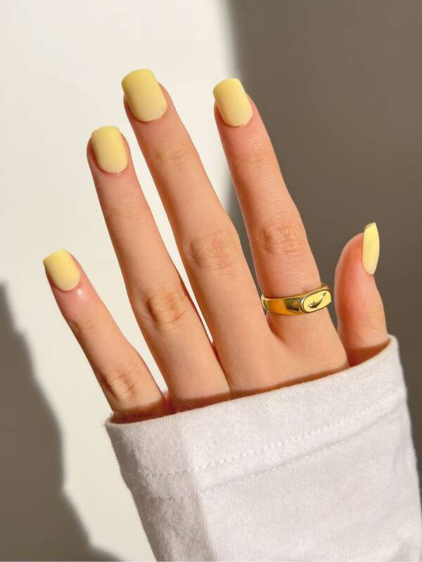 Transform Your Nails with 24pcs Short Square Yellow Solid Color Matte ...