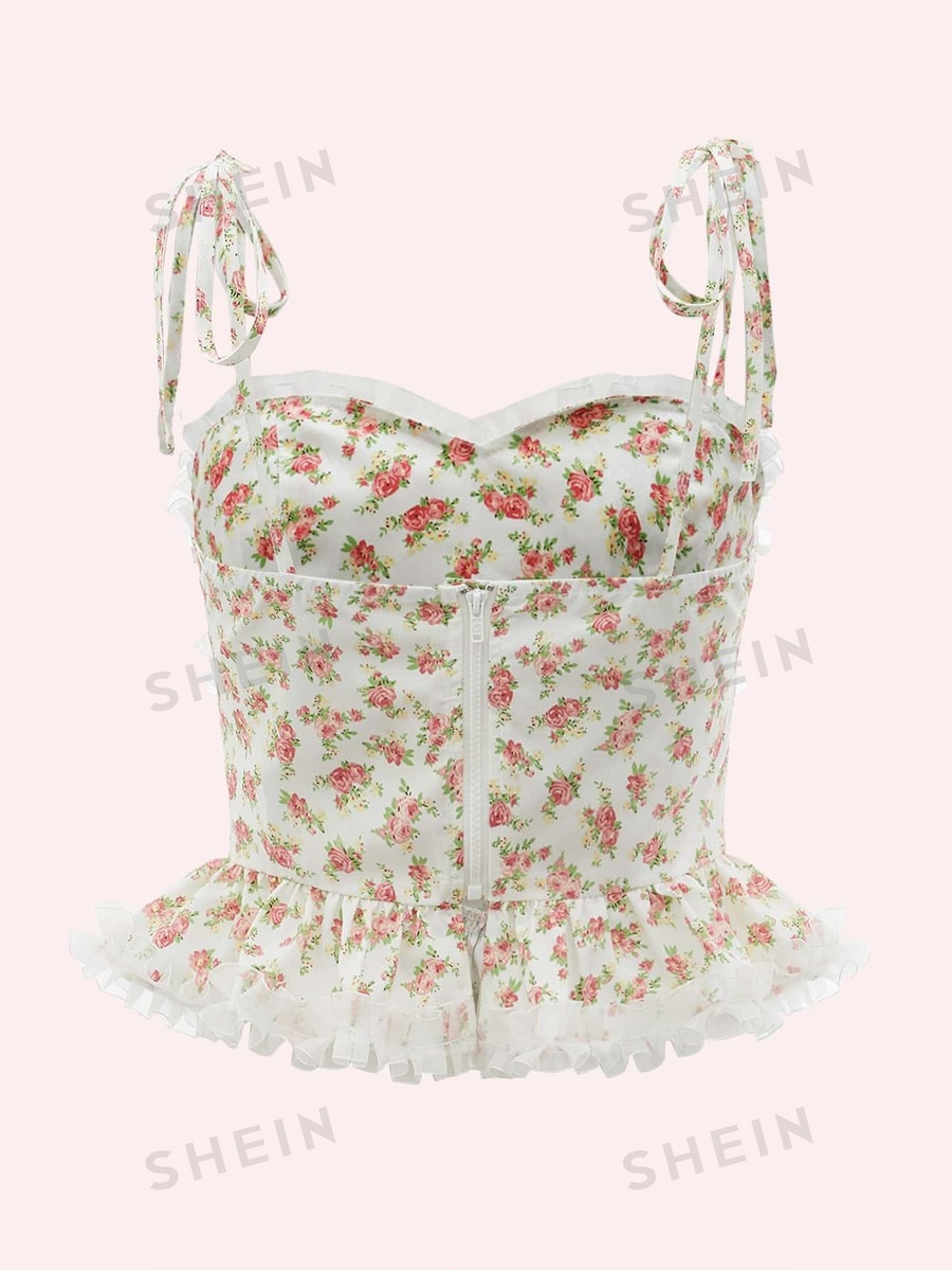SHEIN MOD 90s Floral Print Tie Shoulder Frill Trim Peplum Cami Top ...