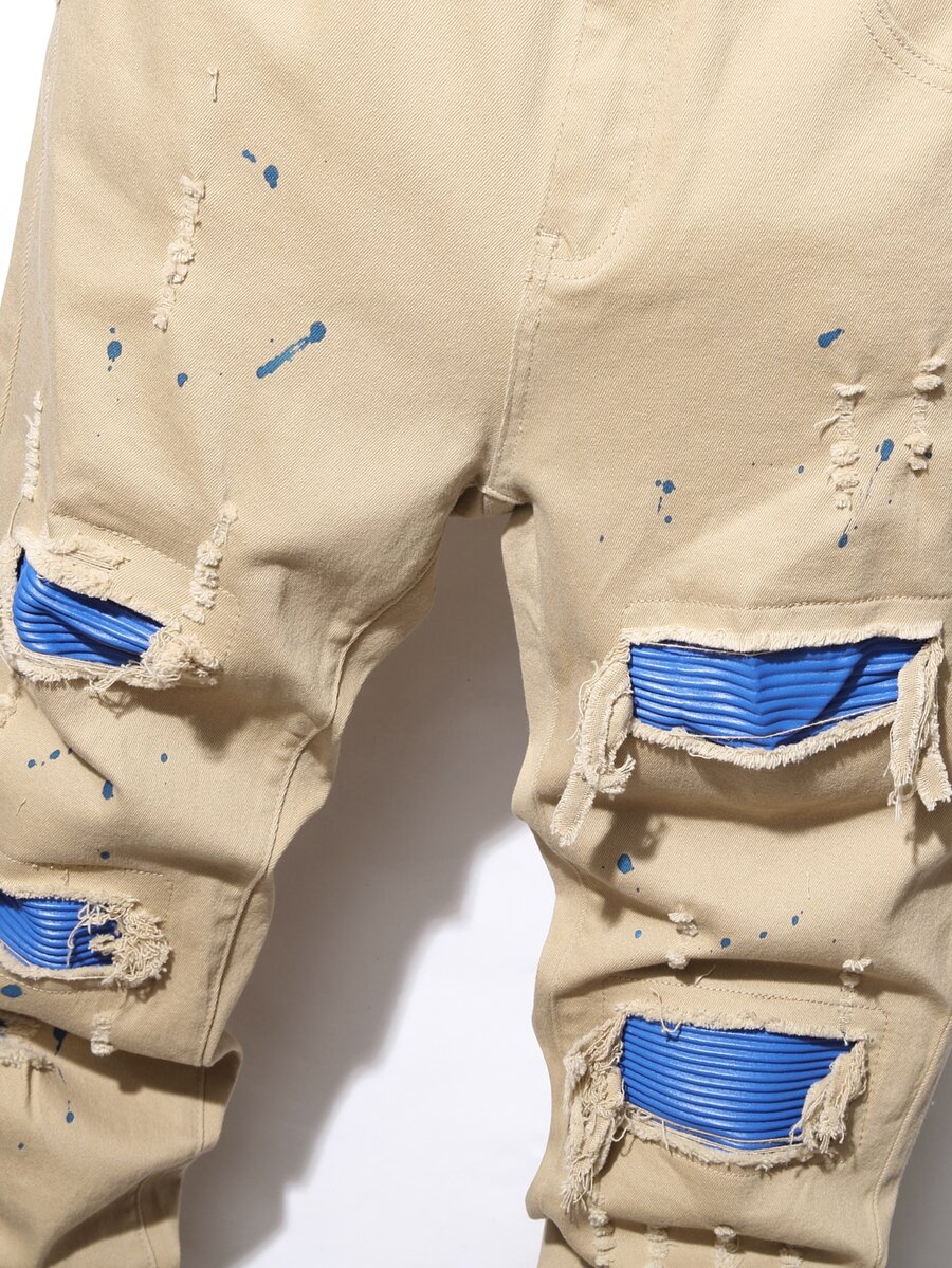 Manfinity EMRG Men Rag Stitching Ripped Frayed Splash Ink Skinny Jeans ...