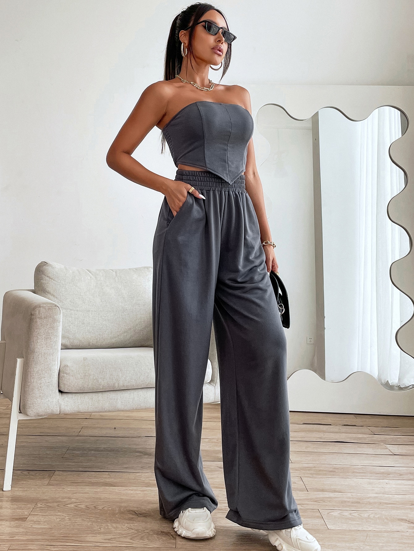 SHEIN EZwear Shirred Back Bandana Hem Crop Tube Top & Trousers | SHEIN UK