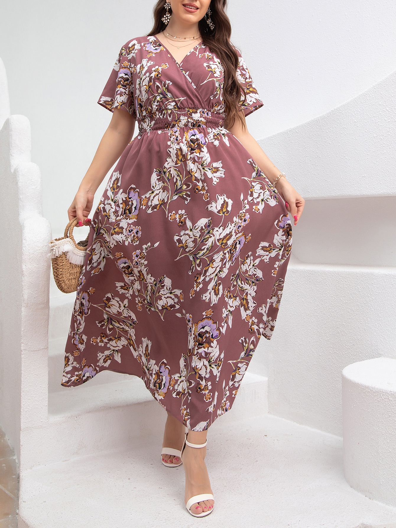 Shein Mulvari Plus Floral Print Shirred Waist Overlap Collar Dress