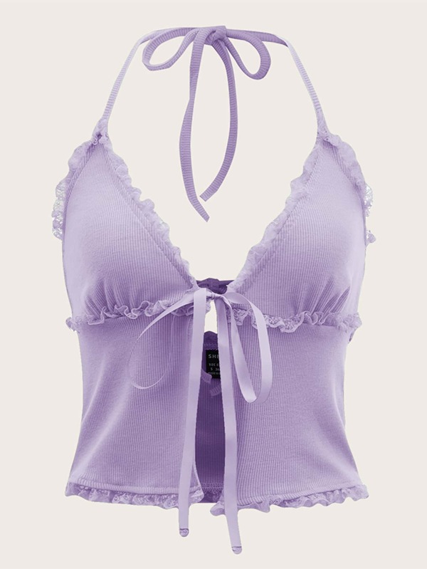 SHEIN ICON Knot Shoulder Lace Trim Tie Front Crop Top | SHEIN UK