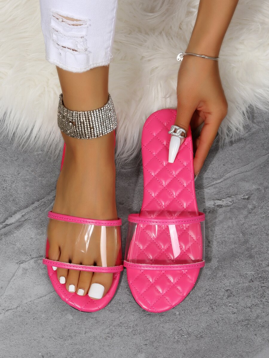 Women Clear Strap Contrast Binding Hot Pink Slide Sandals, Fashion ...