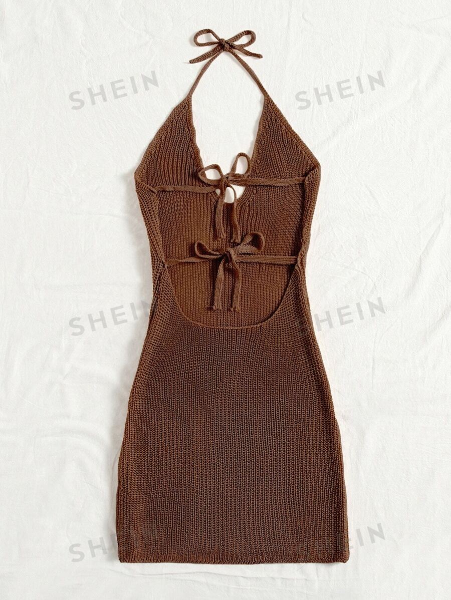 SHEIN Swim Curve Summer Beach Plus Knitted Backless Halter Cover Up ...