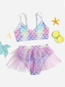 Young Girl Fish Scales Print Contrast Mesh Bikini Set Summer Beach ...