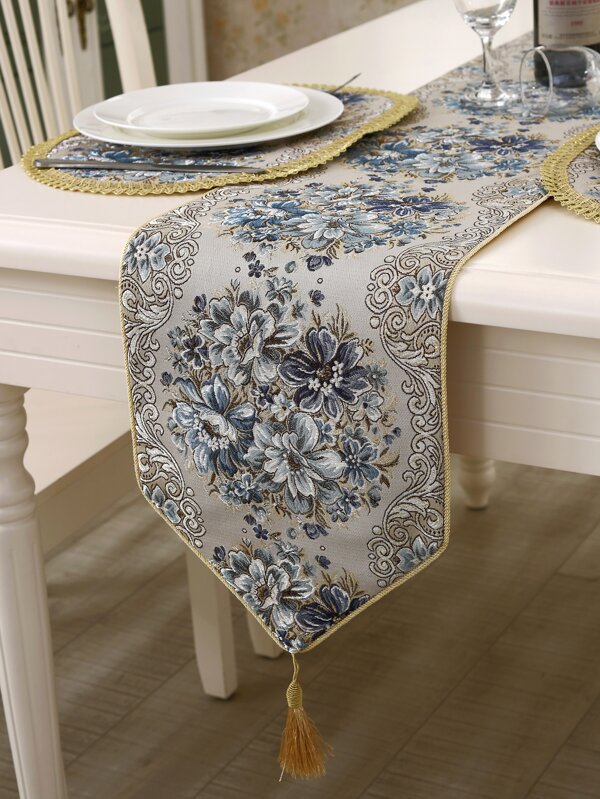 1pc Jacquard Floral Pattern Tassel Decor Table Runner, Boho Polyester ...