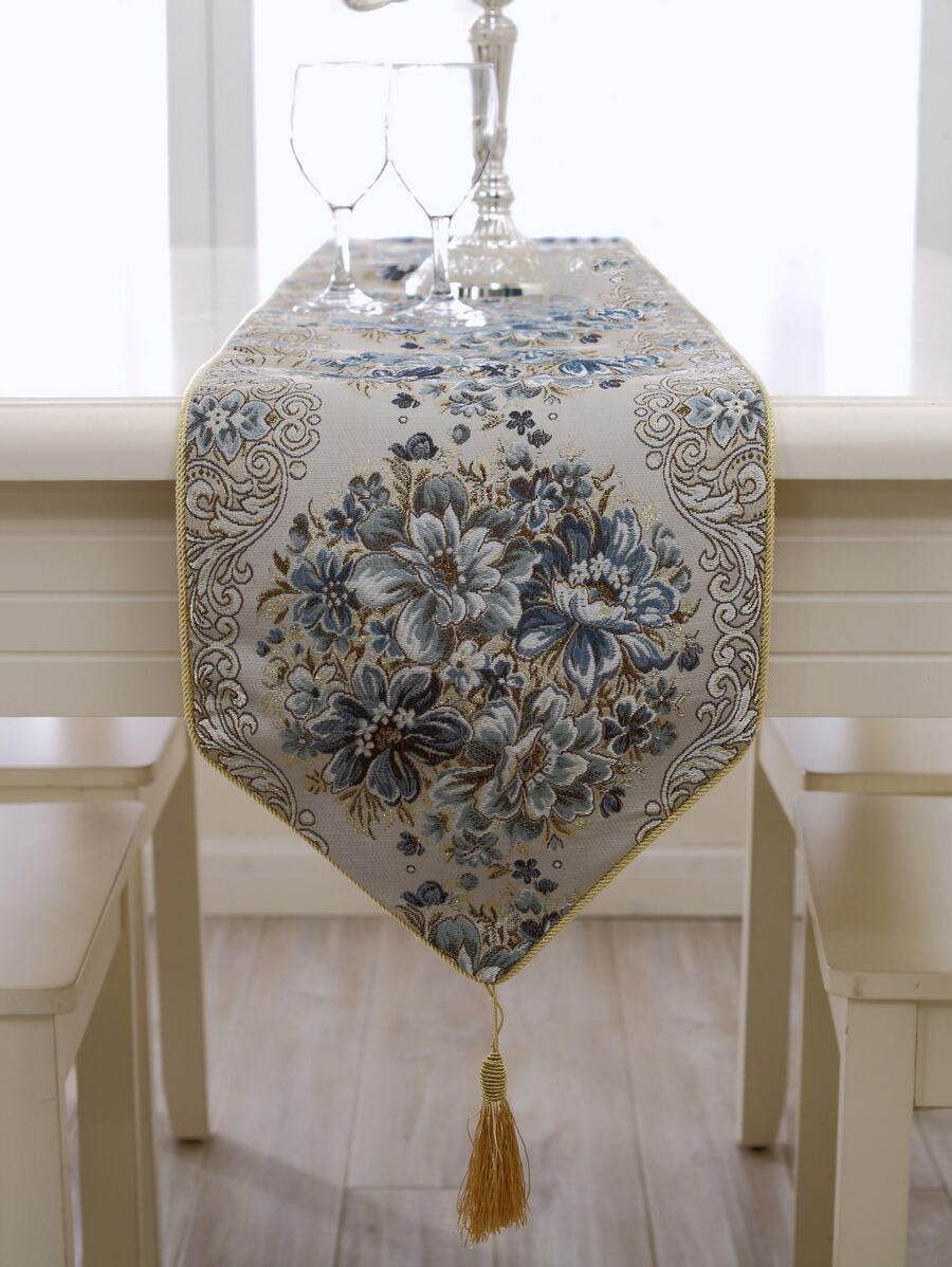 1pc Jacquard Floral Pattern Tassel Decor Table Runner, Boho Polyester ...