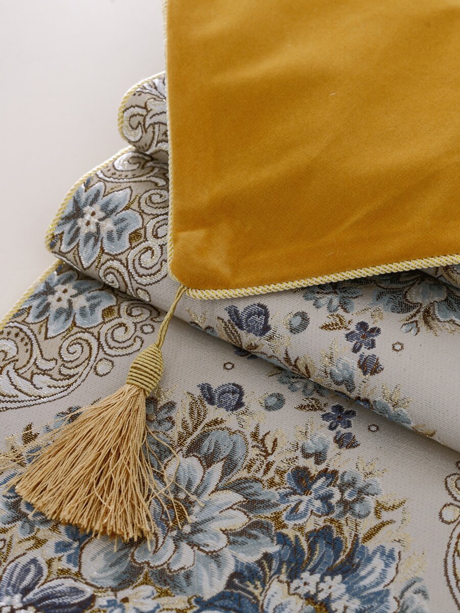 1pc Jacquard Floral Pattern Tassel Decor Table Runner, Boho Polyester ...