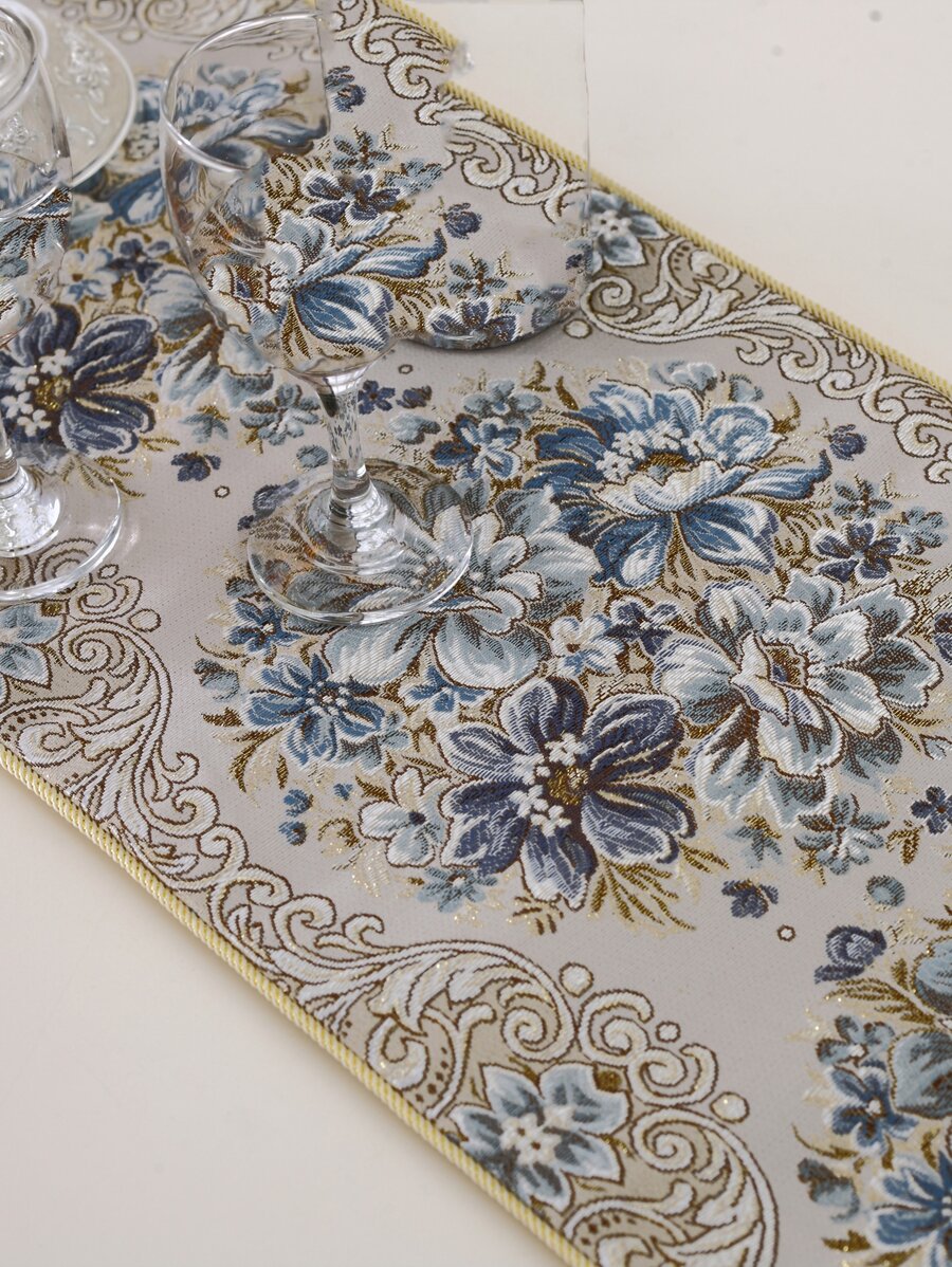 1pc Jacquard Floral Pattern Tassel Decor Table Runner, Boho Polyester ...