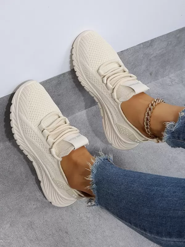 Women Beige Lace-up Front Sneakers, Round Toe Running Shoes For Daily ...