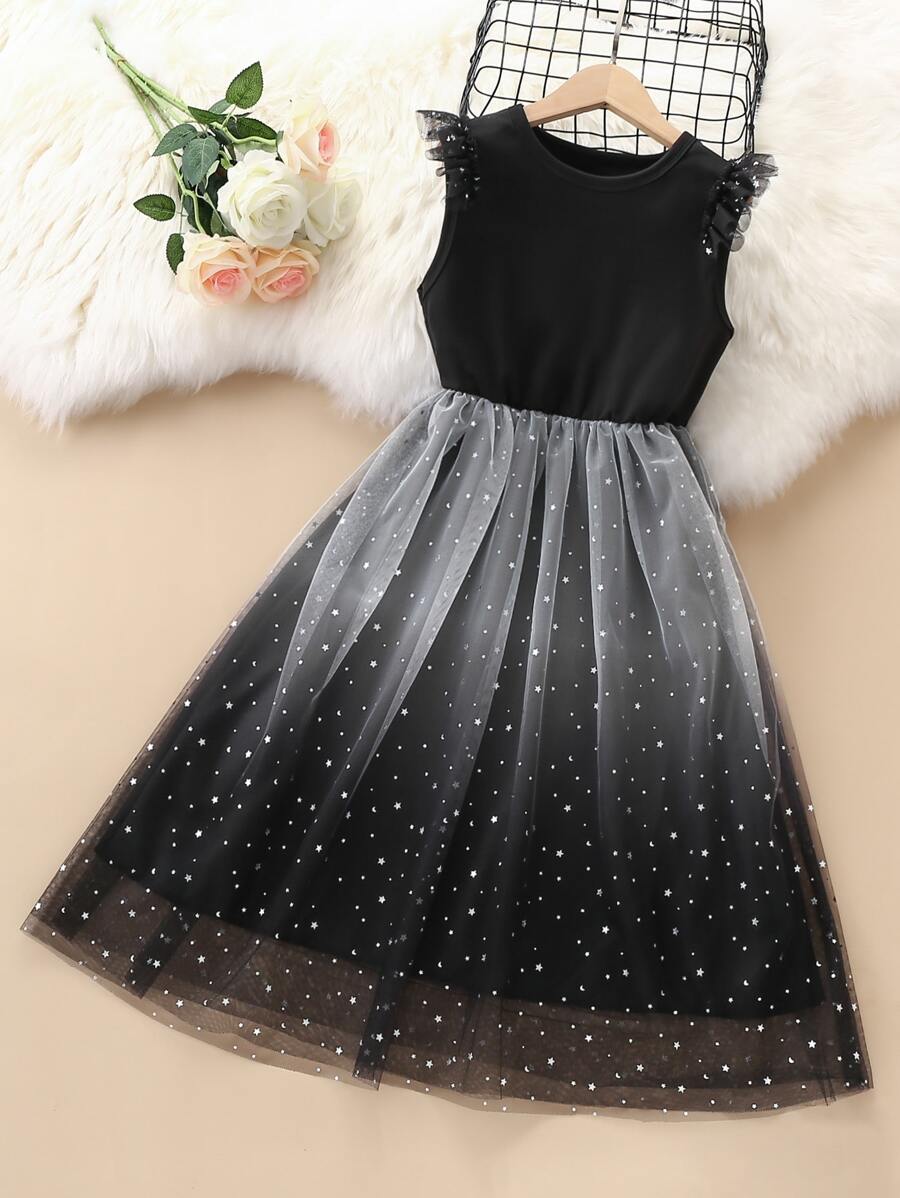 Tween Girls Star Print Ombre Mesh Hem Party Dress | SHEIN USA