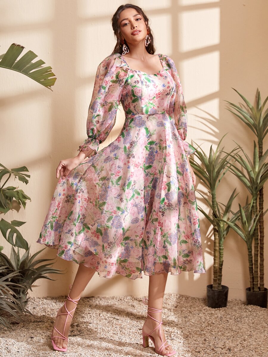 SHEIN Modely Floral Lantern Sleeve Dress Long Evening Dresses | SHEIN UK
