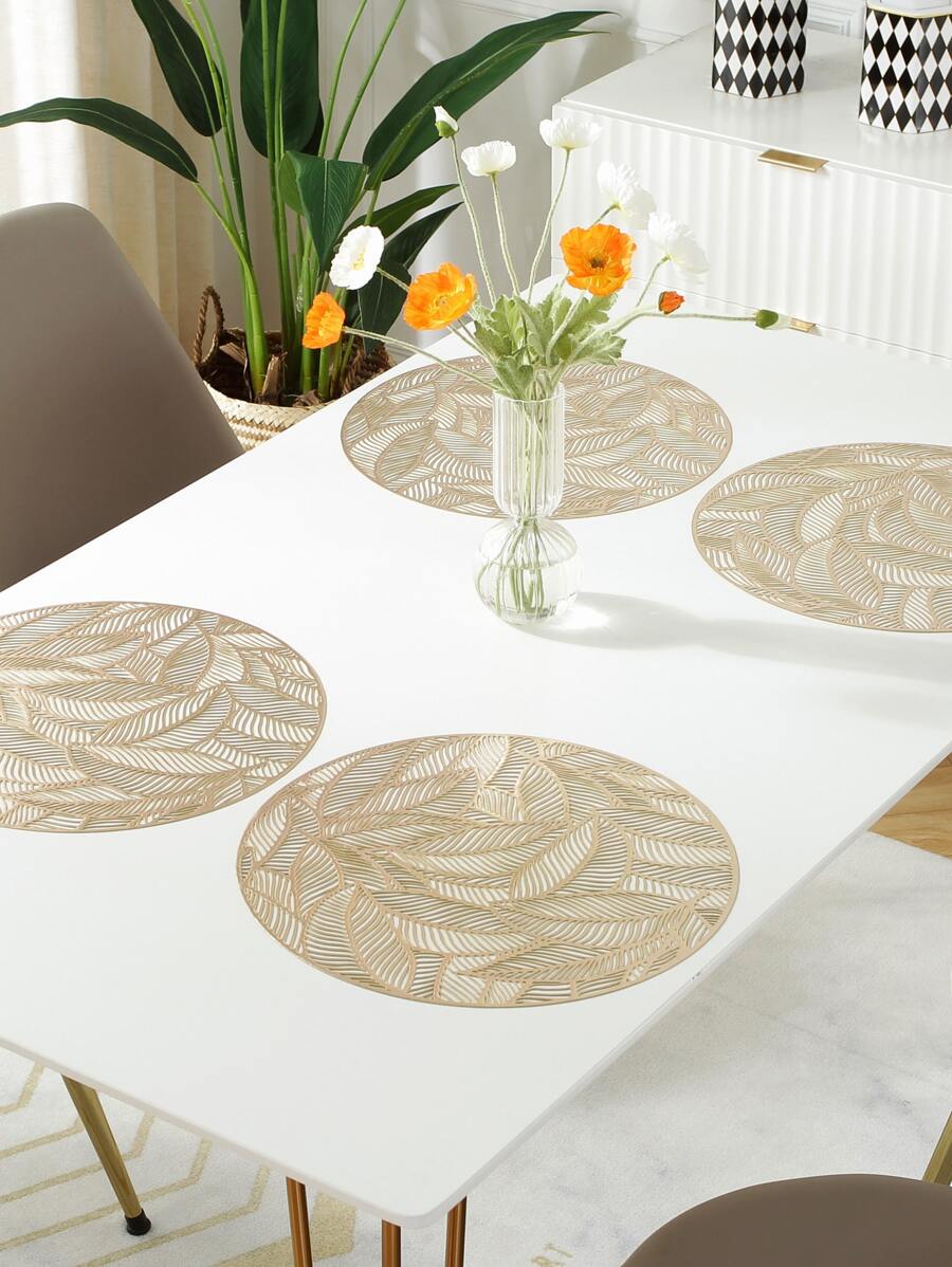 1pc Hollow Leaf Placemat, Nordic Style Gold PVC Table Mat, For Home ...