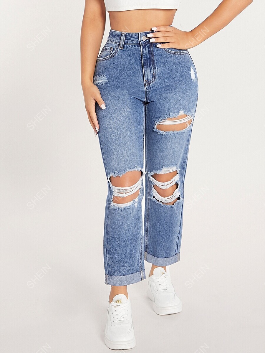 SHEIN PETITE High Waist Cut Out Ripped Frayed Straight Leg Jeans | SHEIN UK