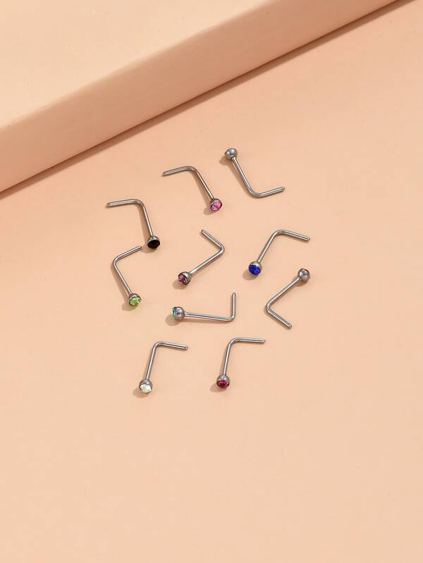 10pcs/set Stainless Steel, Rhinestone Decor Nose Stud For Women And Men ...