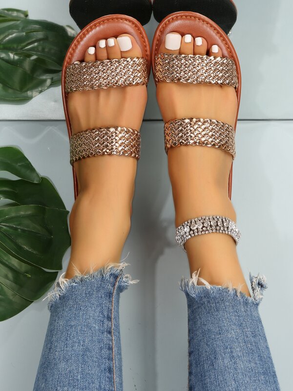 Women Metallic Braided Detail Flat Sandals Vacation Summer Slide Sandals Shein Usa