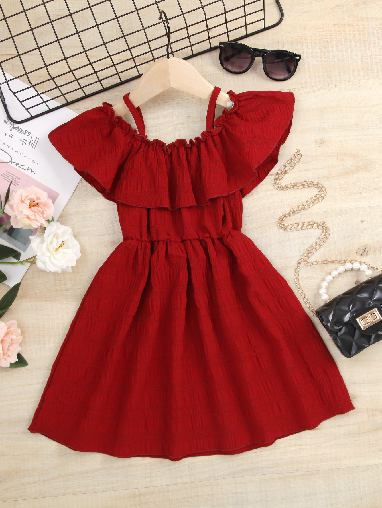 Toddler Girls Ruffle Trim Cold Shoulder Dress