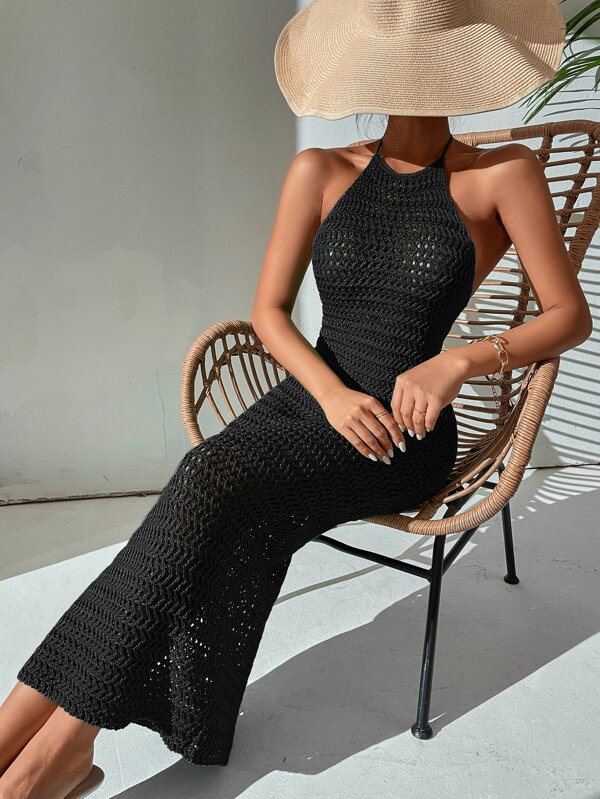 SHEIN VCAY Crochet Backless Halter Neck Bodycon Dress | SHEIN USA