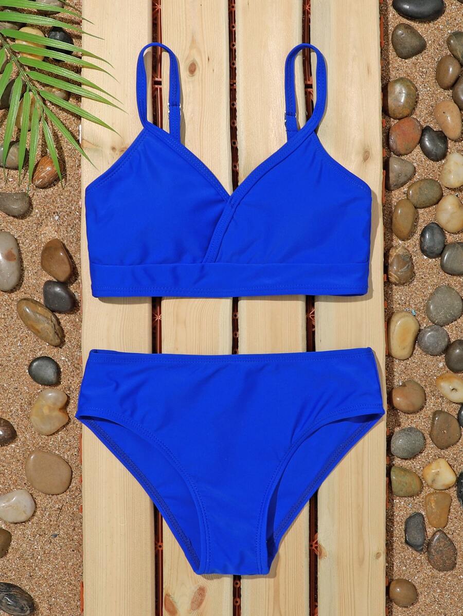 Tween Girl Plain Surplice Neck Bikini Set Summer Beach | SHEIN USA