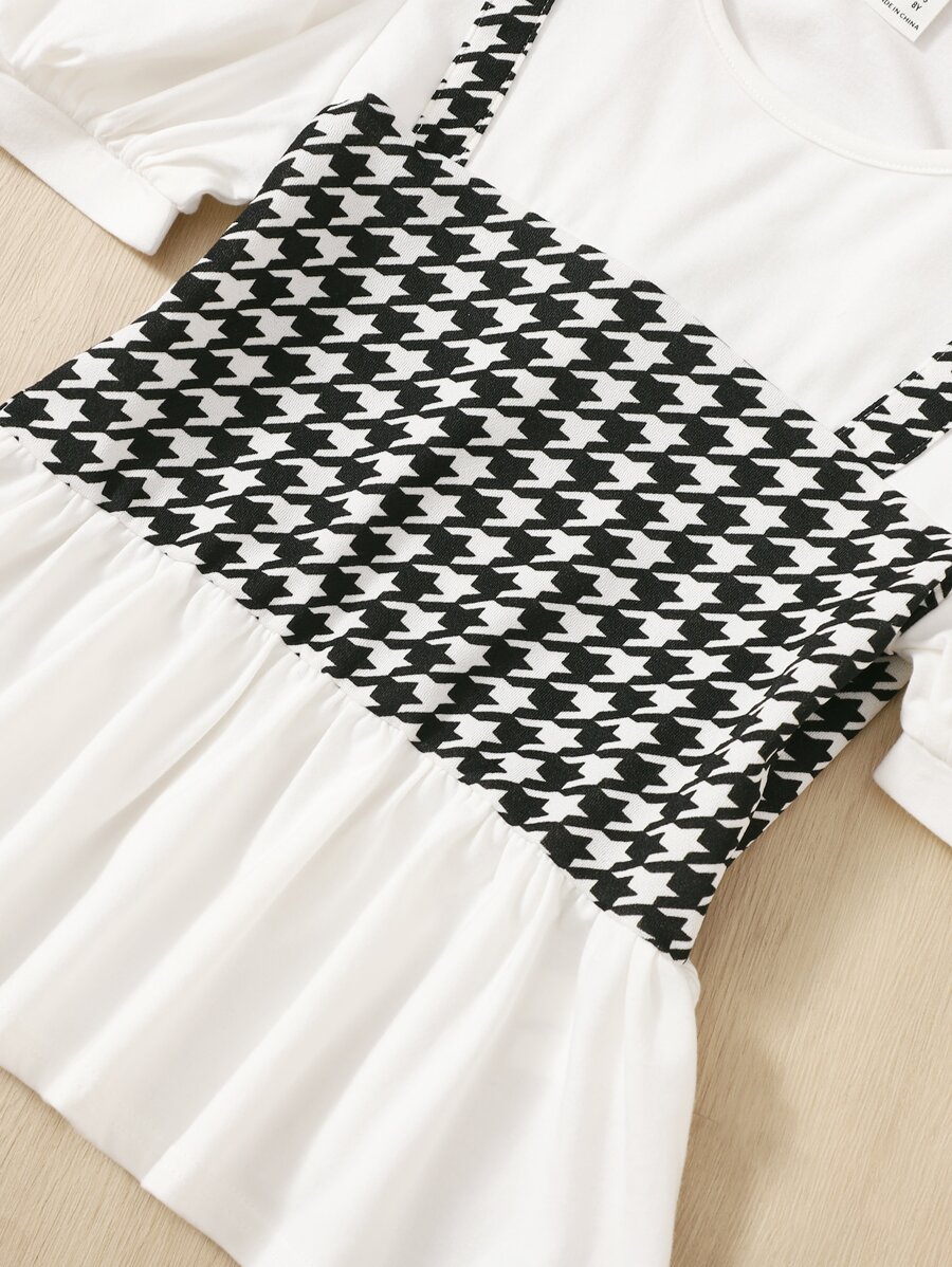 SHEIN Tween Girl Houndstooth Puff Sleeve Peplum Top & Flare Leg Pants | SHEIN USA