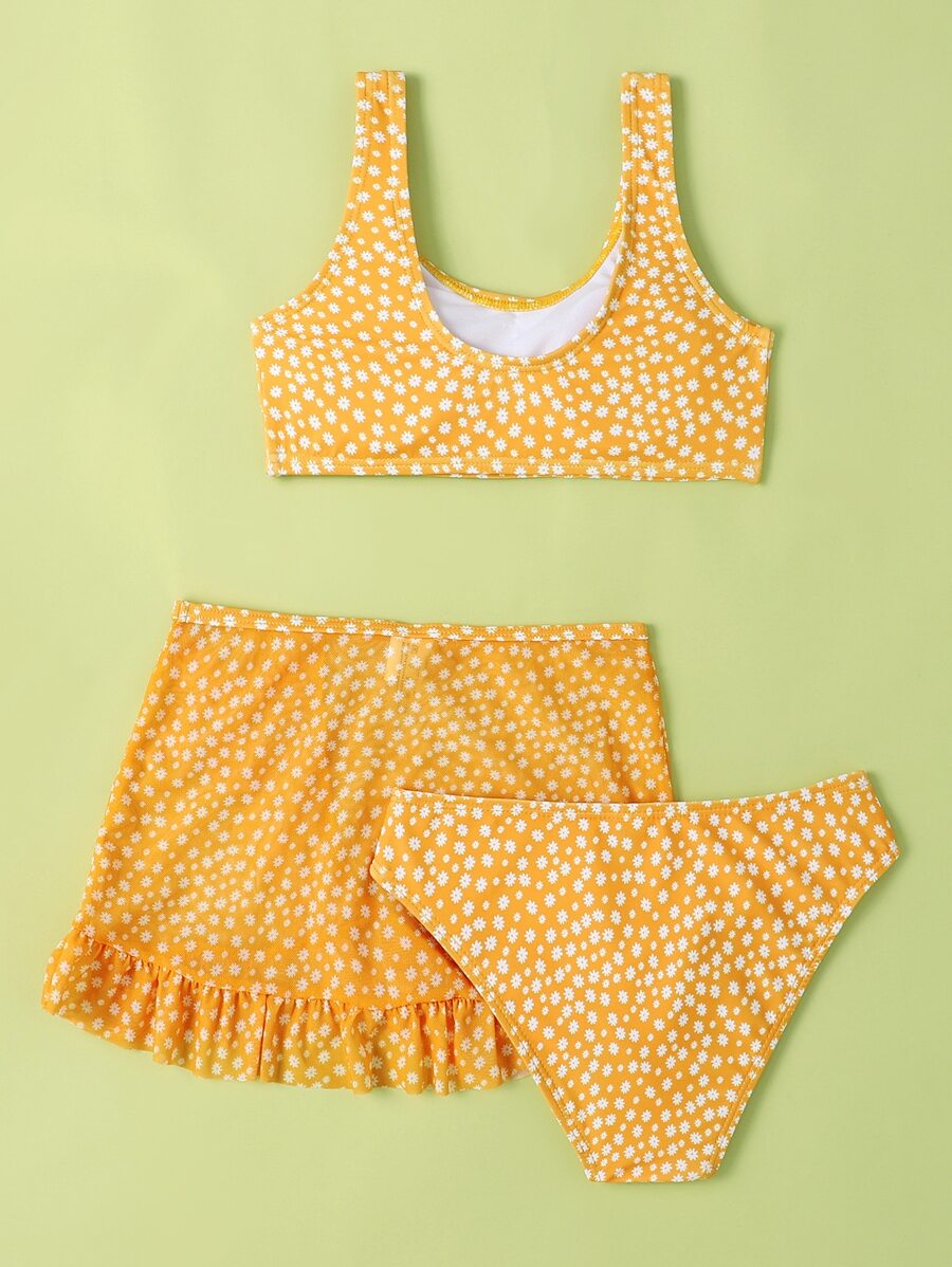 Conjunto de biquíni floral Tween Girl 3packs Ditsy e saia de praia ...
