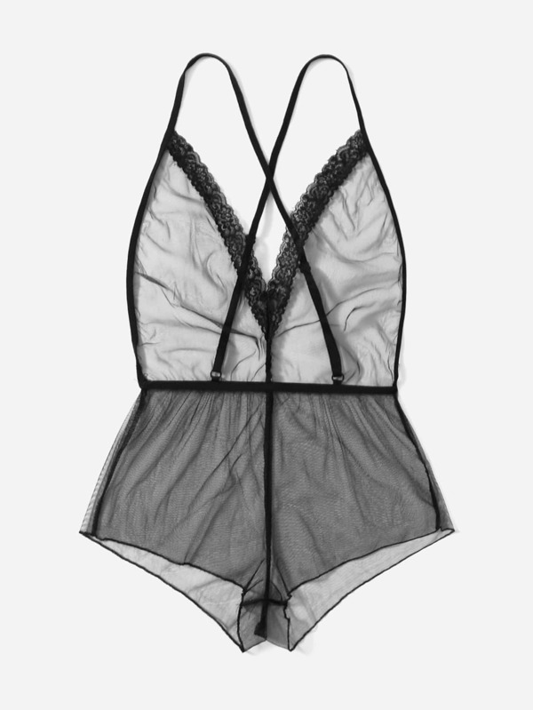 Criss Cross Mesh Teddy Bodysuit | SHEIN UK