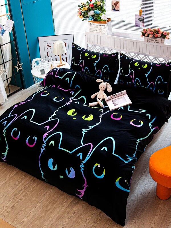 Set Colcha Sin Relleno Con Estampado De Gato Moda De Mujer Shein México