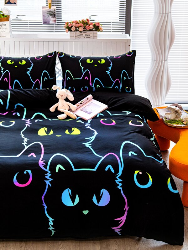 Set Colcha Sin Relleno Con Estampado De Gato Moda De Mujer Shein México