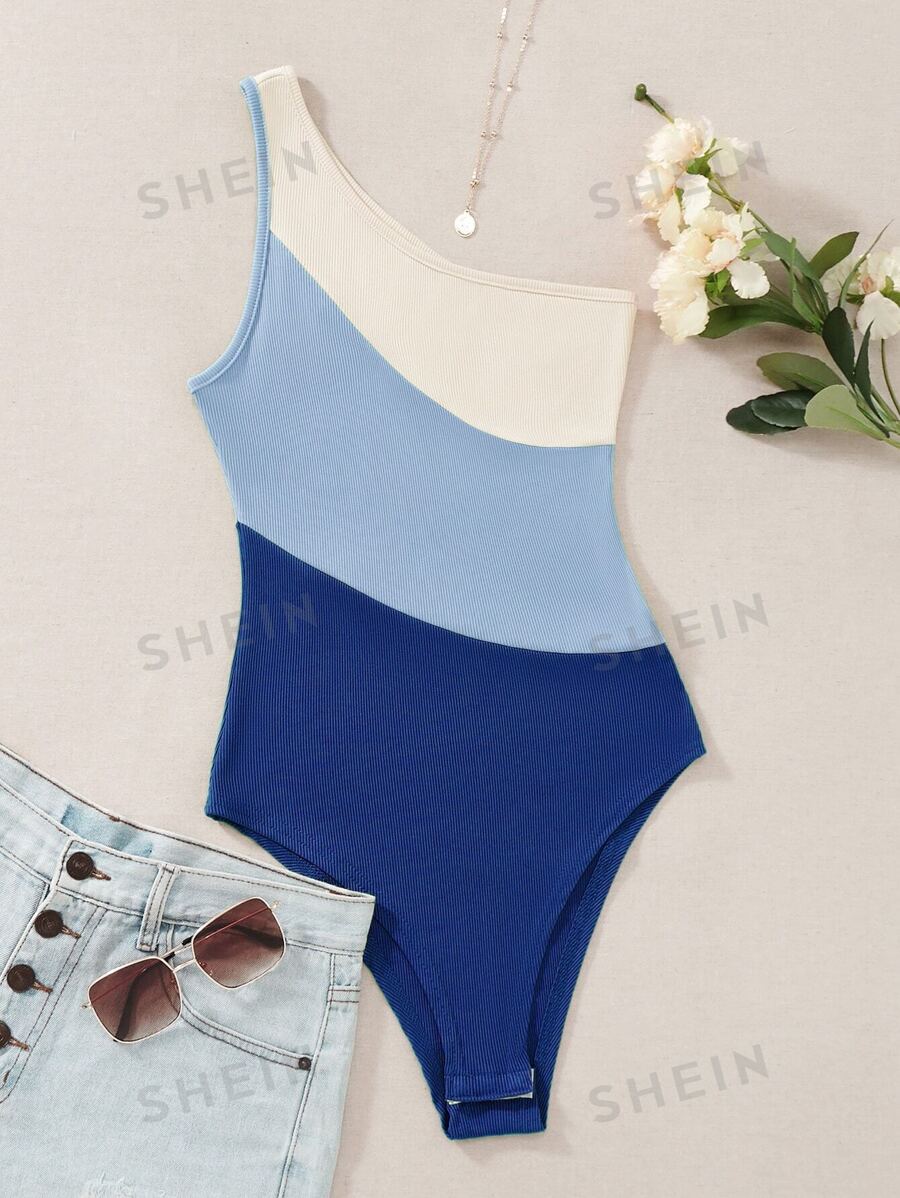 SHEIN EZwear Body de color combinado tejido de canalé de un hombro ...