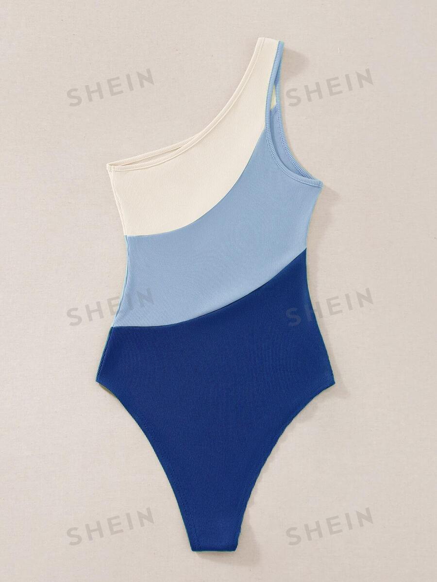 SHEIN EZwear Body de color combinado tejido de canalé de un hombro ...
