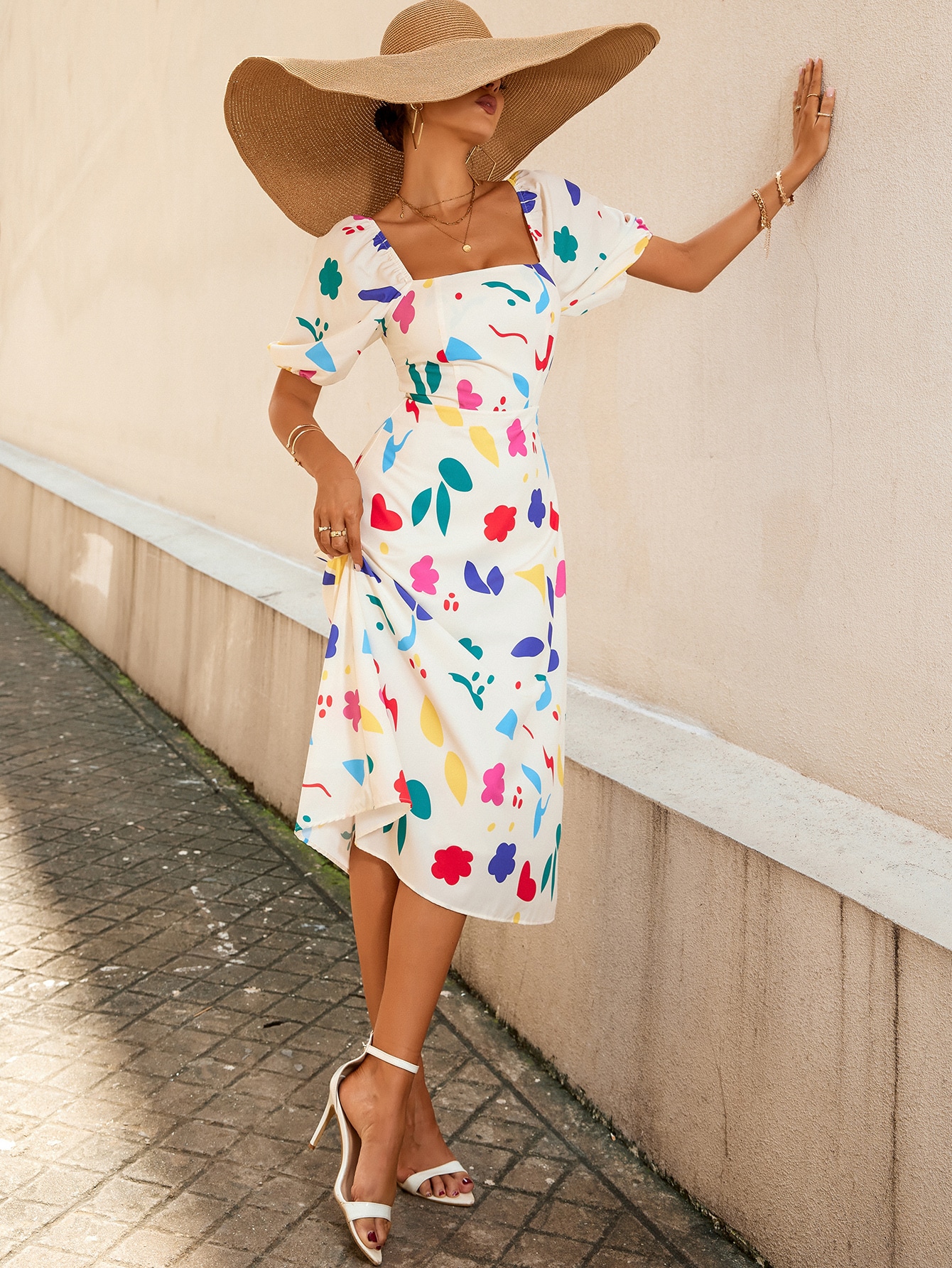 Vestidos Floral aleatório Impressão Gola Quadrada Manga Bufante Malhado Amarrar | SHEIN Brasil