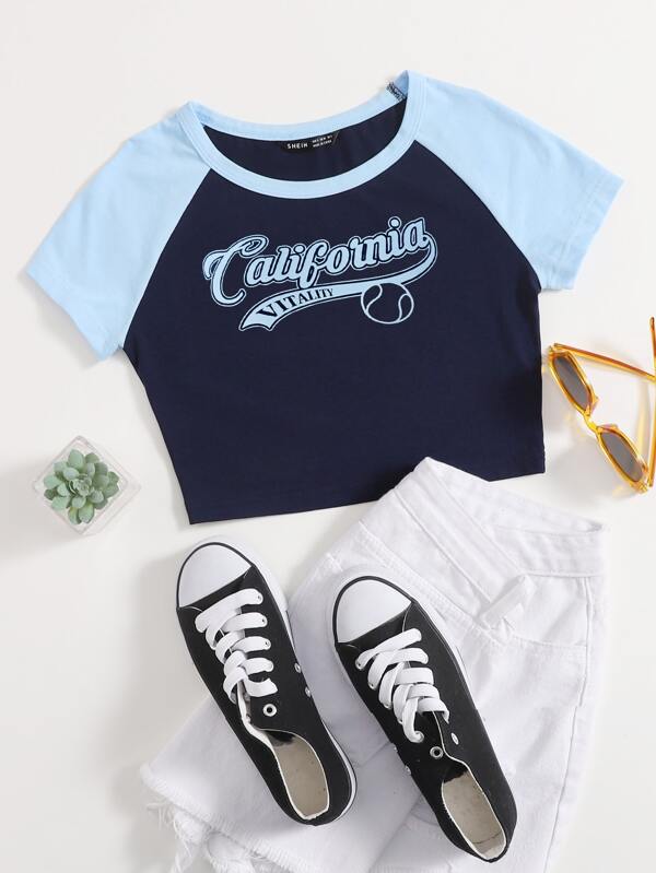 Shein Qutie Camiseta Corta Con Estampado Letra And Béisbol De Manga