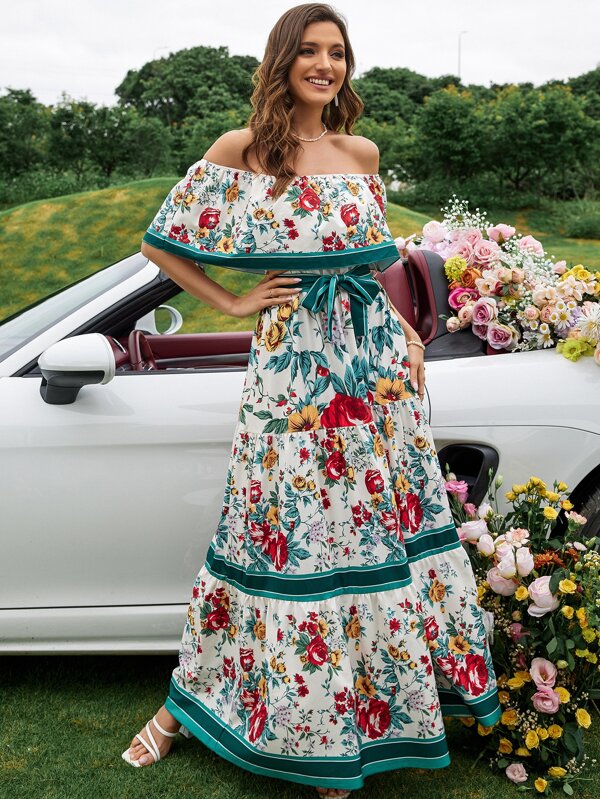 SHEIN VCAY Floral Print Off Shoulder Ruffle Hem Belted Dress for Sale Australia| New Collection ...