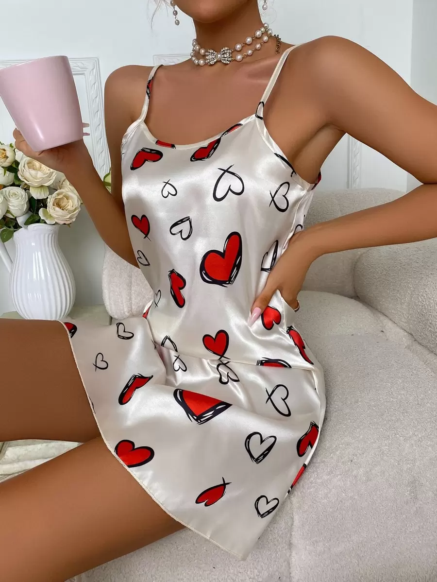 Heart Print Satin Cami Pajama Night Dress | SHEIN USA