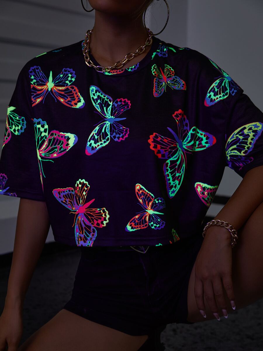 Flirla Reflective Butterfly Print Drop Shoulder Tee Graphic Tees Women ...
