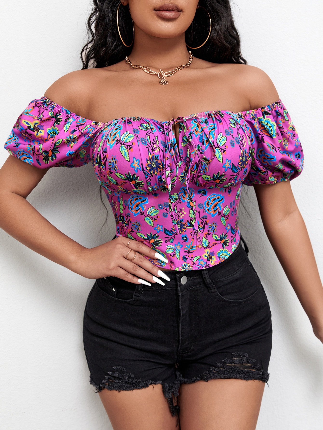 Floral Print Puff Sleeve Knot Front Blouse Shein Usa