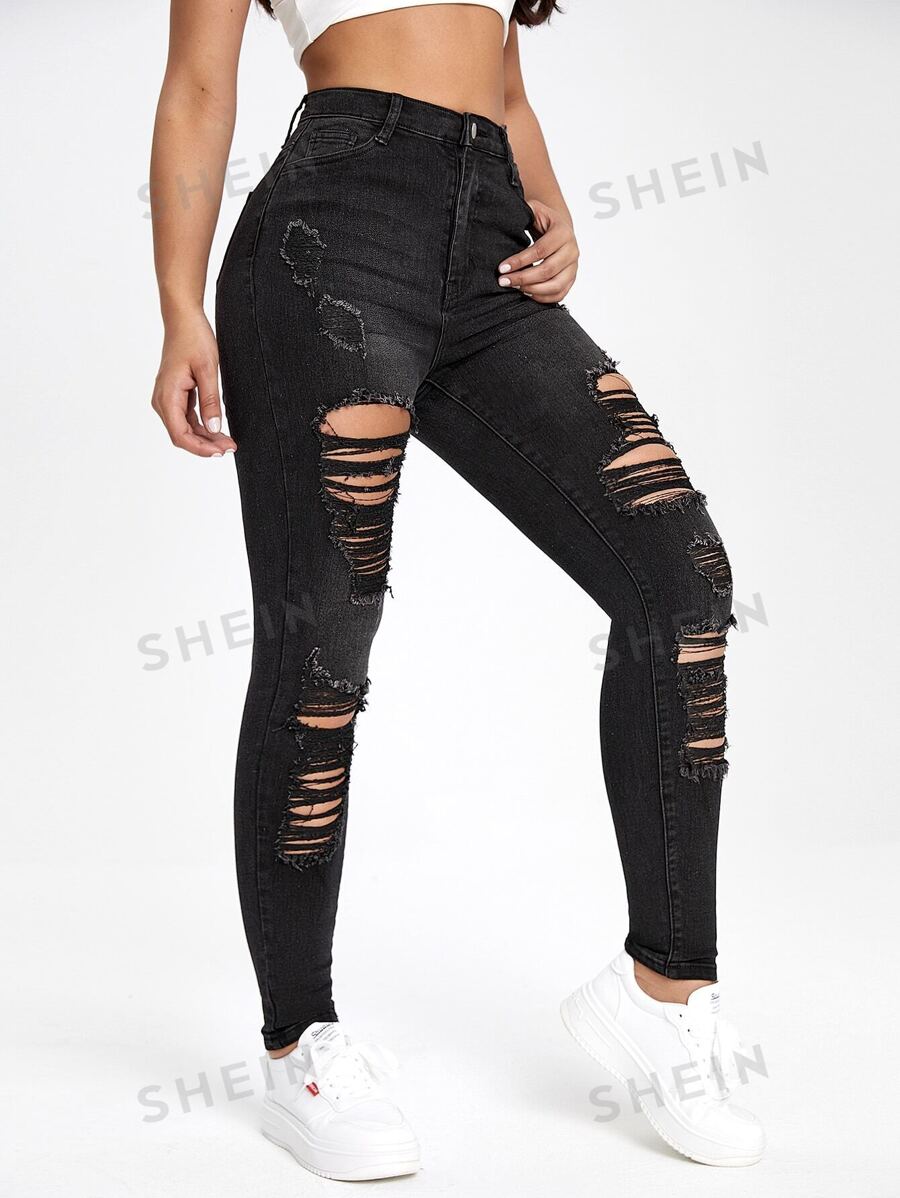 SHEIN EZwear High Waist Ripped Skinny Jeans | SHEIN UK